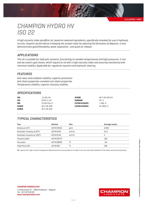 CHAMPION HYDRO HV ISO 22 - Hydraulikkolje - 20 liter – Kjøp på nett ...
